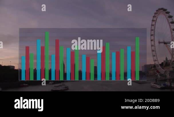Bar chart animation over cityscape with river and Ferris wheel at dusk. skyline, urban ...