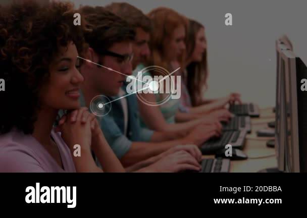 Data processing and network connections animation over diverse people using computers ...