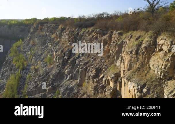 A rocky cliffside with sparse vegetation, including dry bushes and a ...