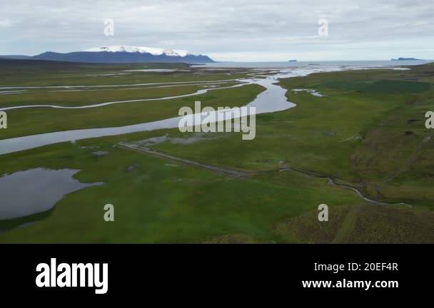 River tundra of Iceland Aerial view. Beautiful rivers flow into the ...