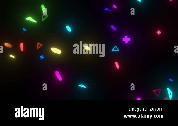 Colorful 3d shapes elements triangles toruses crosses spinning on black background. 4K abstract ...