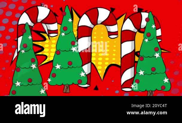 Cartoon Christmas tree and Candy cane, comic book holiday video. Retro ...