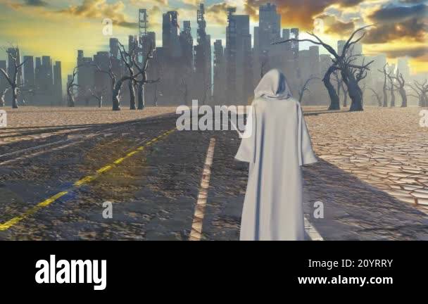 Traveler on road to desolate city. Animated video Stock Video Footage ...