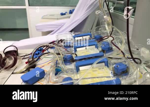 Blood platelet donation Machine is working, it draws blood from arm for ...