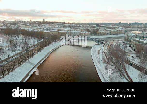 Beautiful Vilnius city panorama in winter with snow covered houses ...