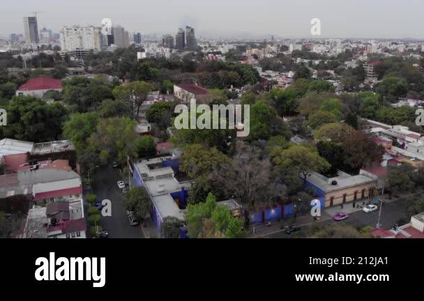 Aerial Top view of Coyoacan neighborhood in Mexico city with drone. Districs Frida Kahlo house ...