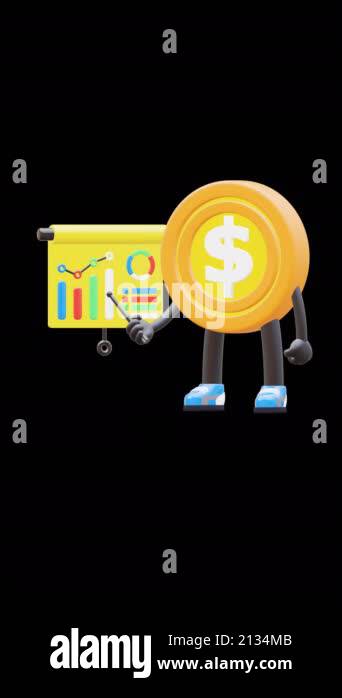 3D Money Coin Character Doing Presentation With Bar Chart Showing ...
