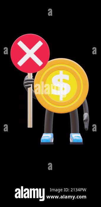 3D Money Coin Character Holding Wrong Sign For Mistake And Incorrect ...