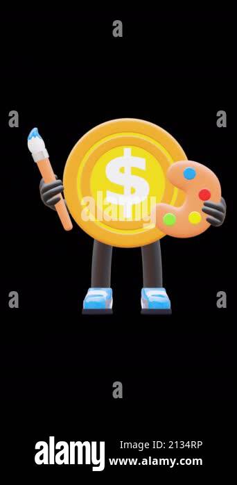 3D Money Coin Character Holding Paintbrush And Palette For Art And ...