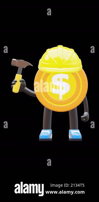 3D Money Coin Character Holding Hammer For Construction And Repair ...