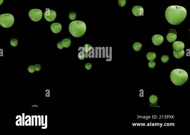 3D render animation of a lot of falling apples on a black background ...