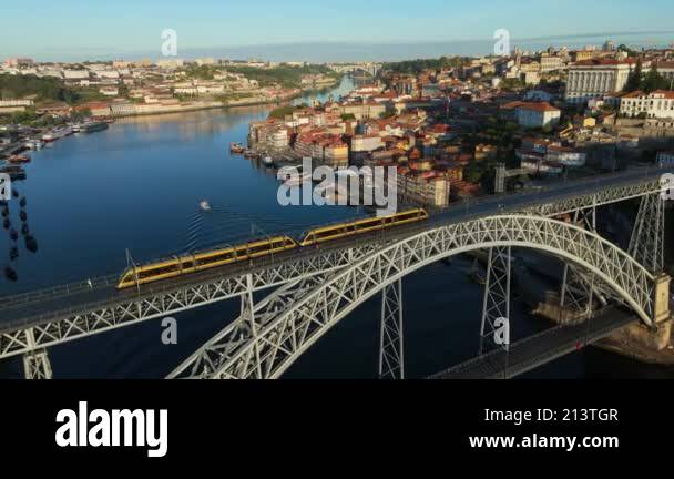 Porto City, Douro River and Dom Luis Bridge I with Tram in Morning ...