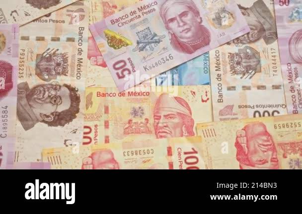Mexican banknotes of various denominations such as 50 and 100 pesos ...