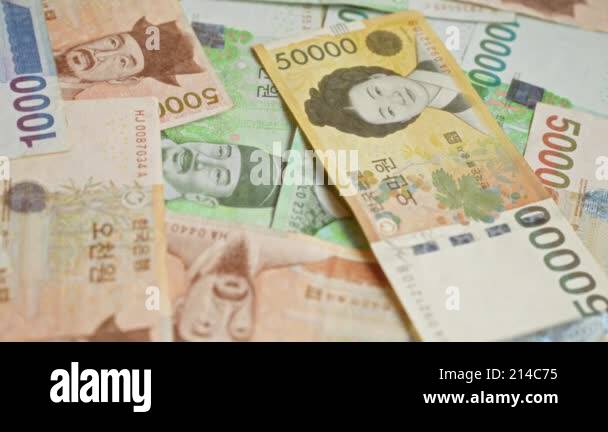 South korean banknotes, including denominations of 50000, 10000, and ...