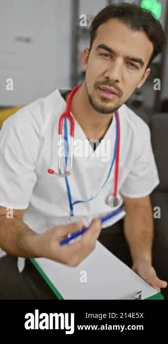 Handsome hispanic man in white lab coat with stethoscope reviewing ...