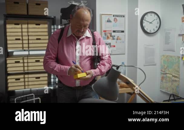Mature detective man in office writing notes, investigation concept ...