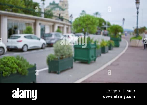 Blurry view of monaco street captures luxury cars, greenery, and ...