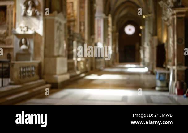 Blurry church interior with defocused religious architecture and bokeh ...