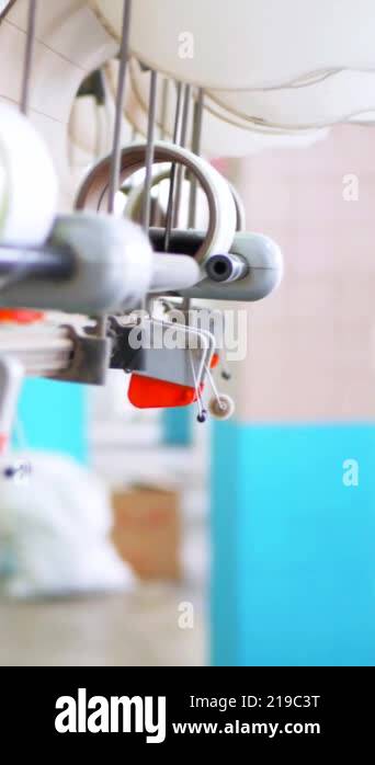 Vertical, Weaving of fabric on cars. Production of fabric from threads ...