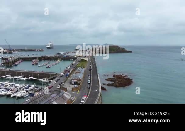 Aerial View of St. Peter Port Pier and Castle Cornet, Guernsey, Channel ...