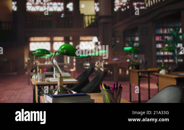 Refined vintage library with wooden shelves and classic green lamps, a ...