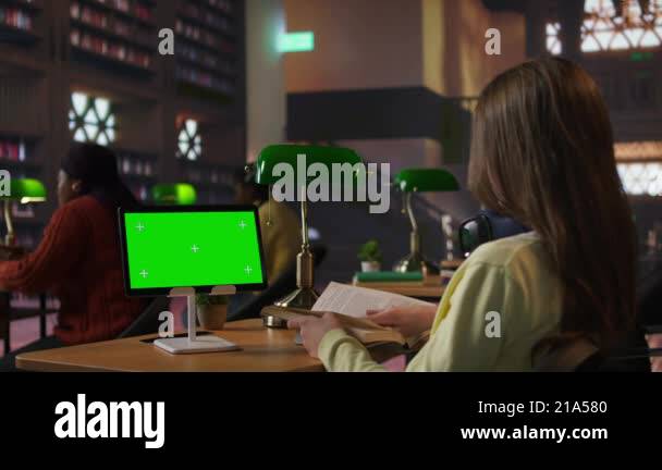 Primary school student sitting at desk in the library and reading next to mockup on tablet ...
