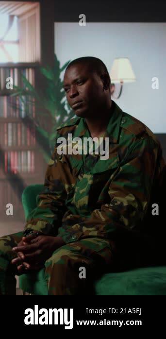 Vertical Video African american soldier remembering war flashbacks and ...