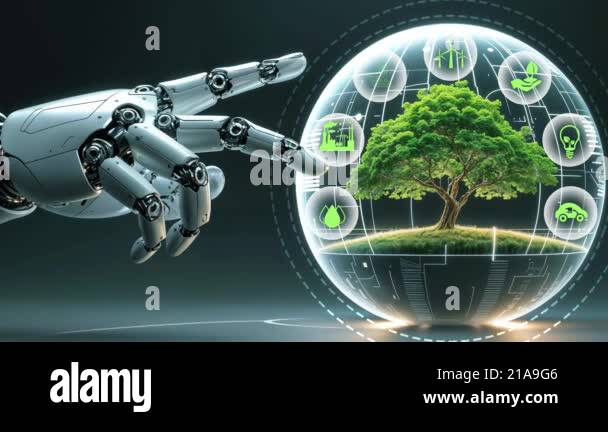 Sustainable development goal (SDGs) concept. Robot hand with small ...