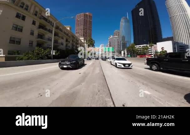 Los Angeles Downtown Freeway 110 South to 10 West 09 Rear View Driving ...