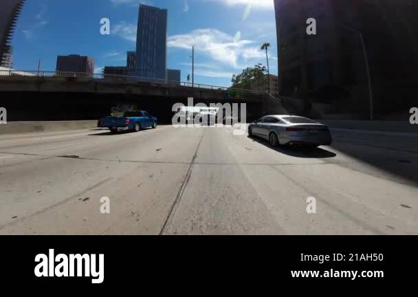 Los Angeles Downtown Freeway 110 South to 10 West 07 Front View Driving ...