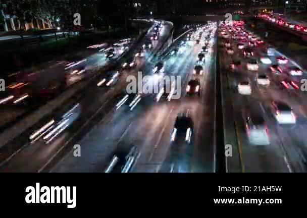 Los Angeles Downtown Looking Over Night Freeway Traffic Time Lapse ...