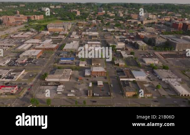 Highaltitude view of low buildings in a commercial area of a medium ...