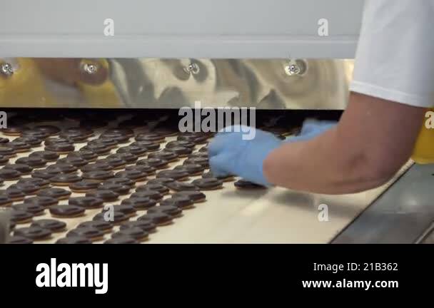Industrial food factory or bakery, cookies on automated production line ...
