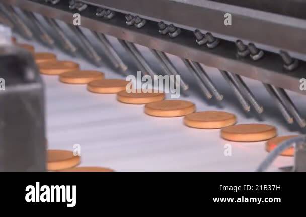 Industrial food factory or bakery, cookies on automated production line ...