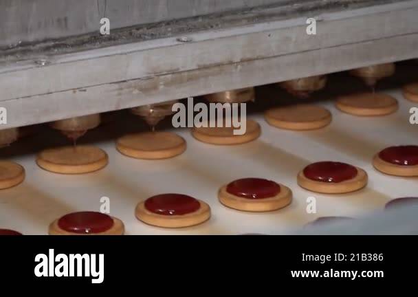 Industrial food factory or bakery, cookies on automated production line ...