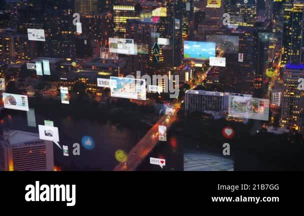 Aerial view of Austin, Texas at night with a digital overlay of social ...