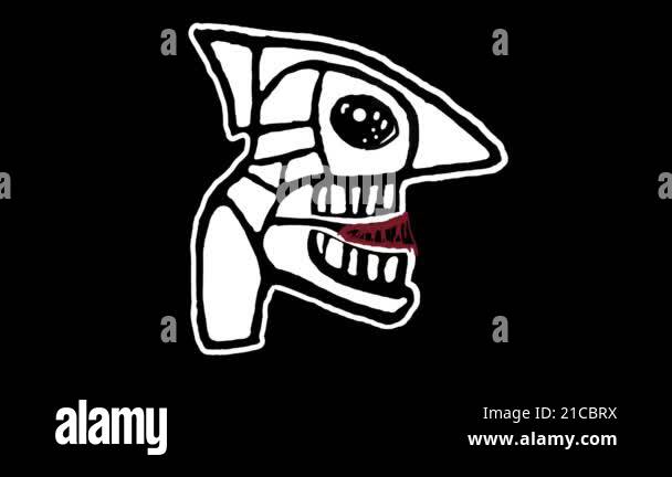 Side view alien head over black background chewing red meat hand drawn ...