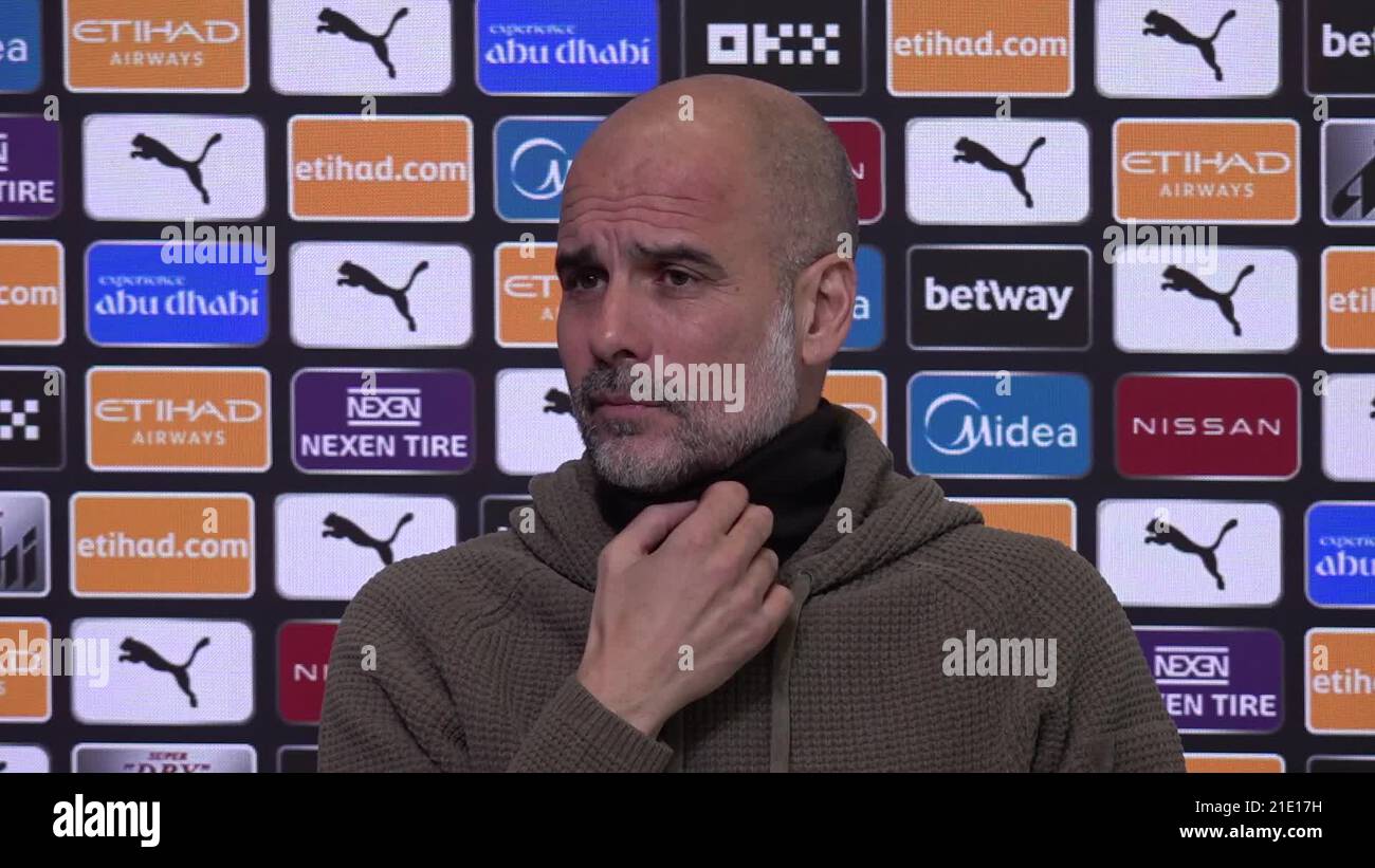 Man City v West Ham: Pep Guardiola press conference Stock Video Footage ...