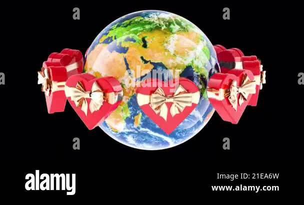 Red heart shaped gift boxes rotation around the Earth Globe, animation ...