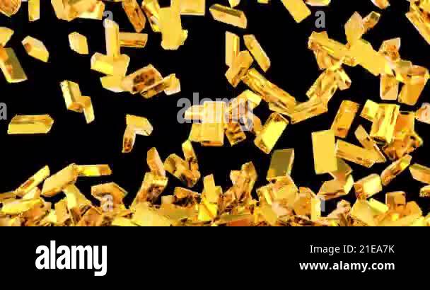 Gold ingots falling and fill the screen. 3D animation on transparent ...