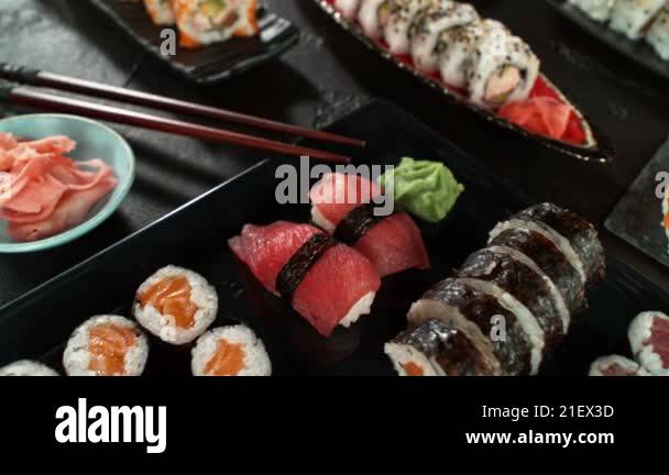 Top View of Various Kind of Sushi Pieces with Camera Motion. Fresh ...