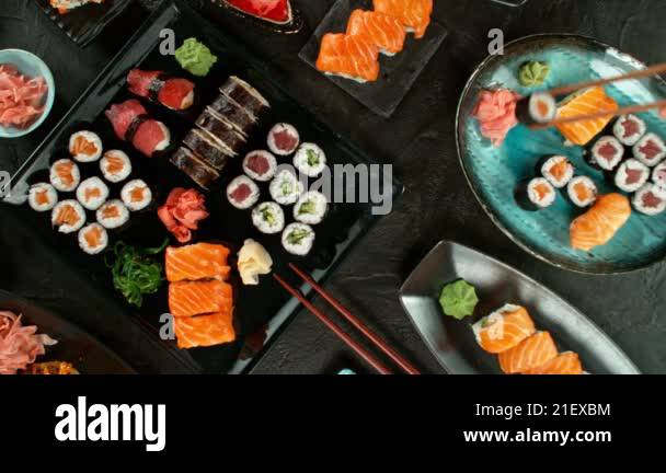 Top View of Various Kind of Sushi Pieces with Camera Motion. Fresh ...
