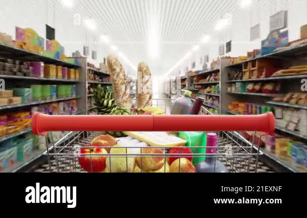 Supermarket aisle with empty red shopping cart. 4k 3d animation Stock ...