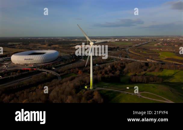 Aerial view of Froettmaninger Mullberg with wind turbine and a clear ...