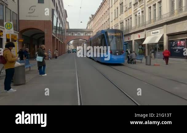 April 20, 2022. Munich, Germany. Tram in Muenchen, blue streetcar in ...