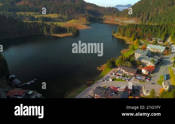 Aerial view of Lake Spitzingsee in Bavarian Alps on sunny autumn day ...