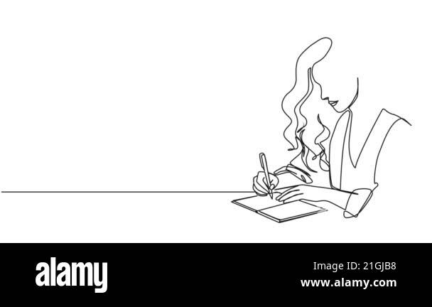 animated continuous line drawing of woman writing in journal or diary ...