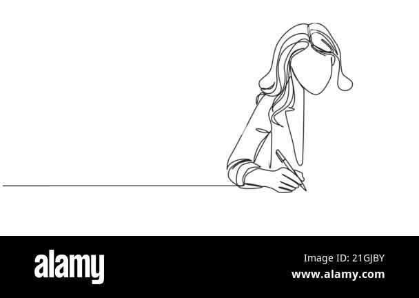 animated continuous line drawing of woman taking notes with pen and ...