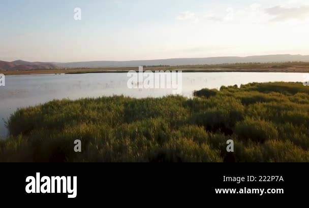 Drone view of Sultan Reed Pond in Kayseri, Turkey. This natural reserve ...