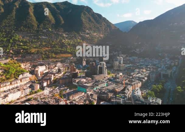 Aerial view of Andorra la Vella, the capital of Andorra, in the Pyrenees mountains between ...
